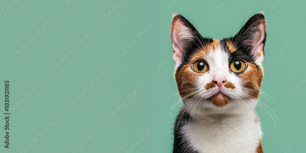 a calico cat with a mix of white, black, and orange fur, facing the ...