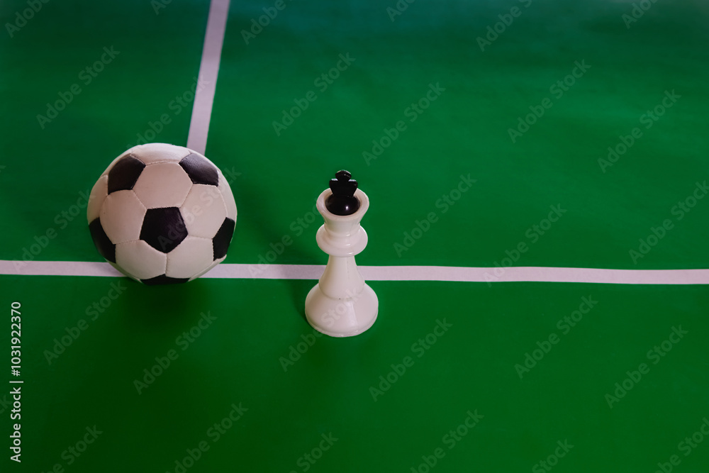 White chess king and soccer ball on a green soccer background, strategy ...