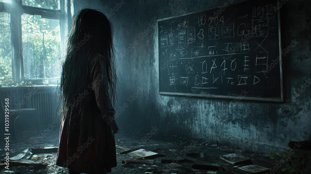 A creepy ghost child, her face obscured by long, stands hauntingly in ...