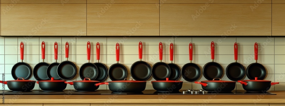Uniform frying pans aligned on a kitchen counter, showcasing neat ...