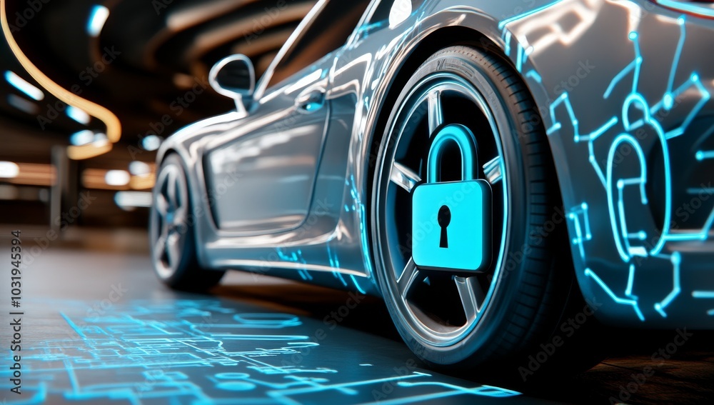 Car with an Illuminated Lock Icon Surrounded by Digital Lines ...