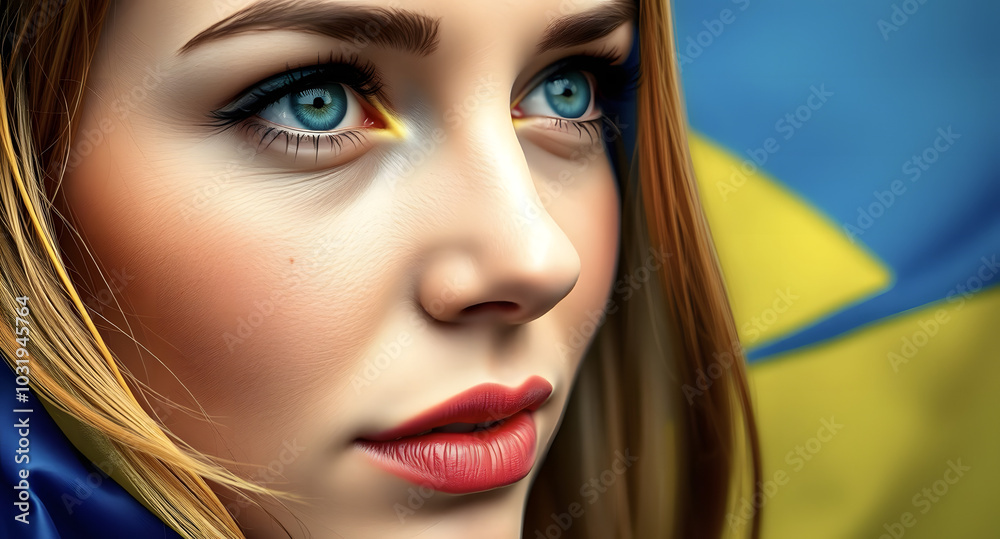 Ukrainian woman's face painted in blue and yellow tones. Independence ...