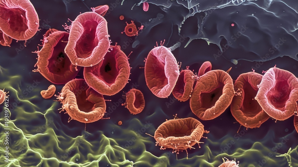Microscopic view of red blood cells and bacteria interaction in the ...