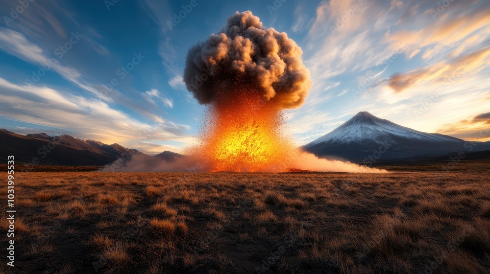 A breathtaking scene of a volcano exploding with fiery ash and molten ...