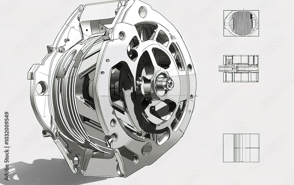 Detailed 3D rendering of an automobile alternator with technical ...