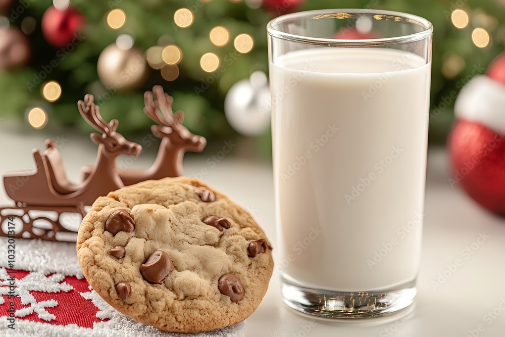 Cookies and a Glass of Milk Placed on a Holiday-themed Tablecloth, With ...