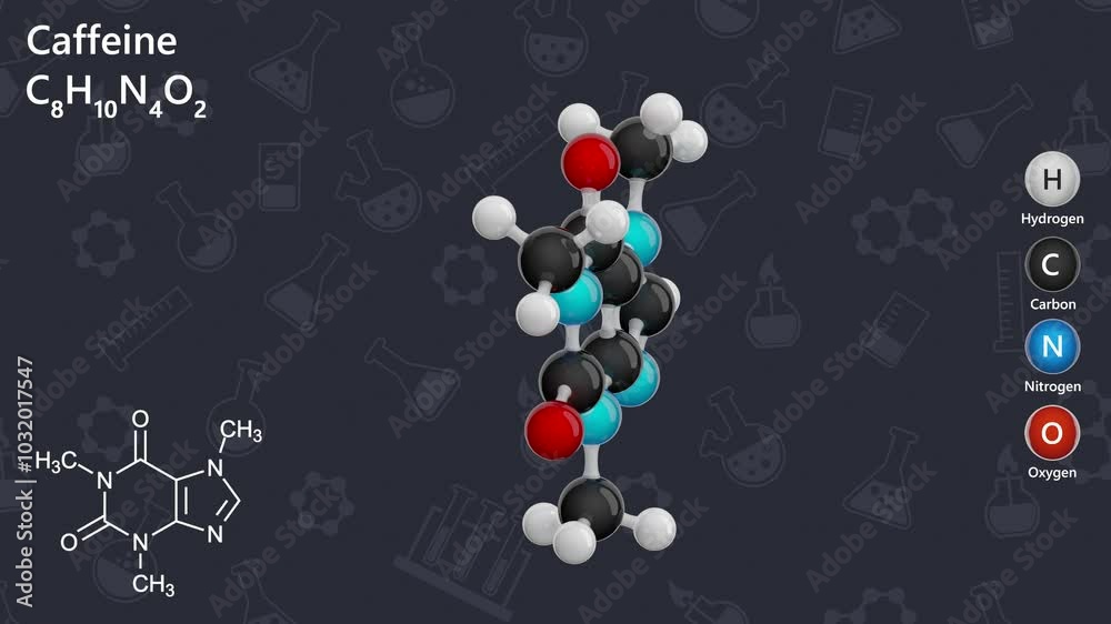Caffeine or Guaranine. An animated 3d model of molecule. Molecular ...