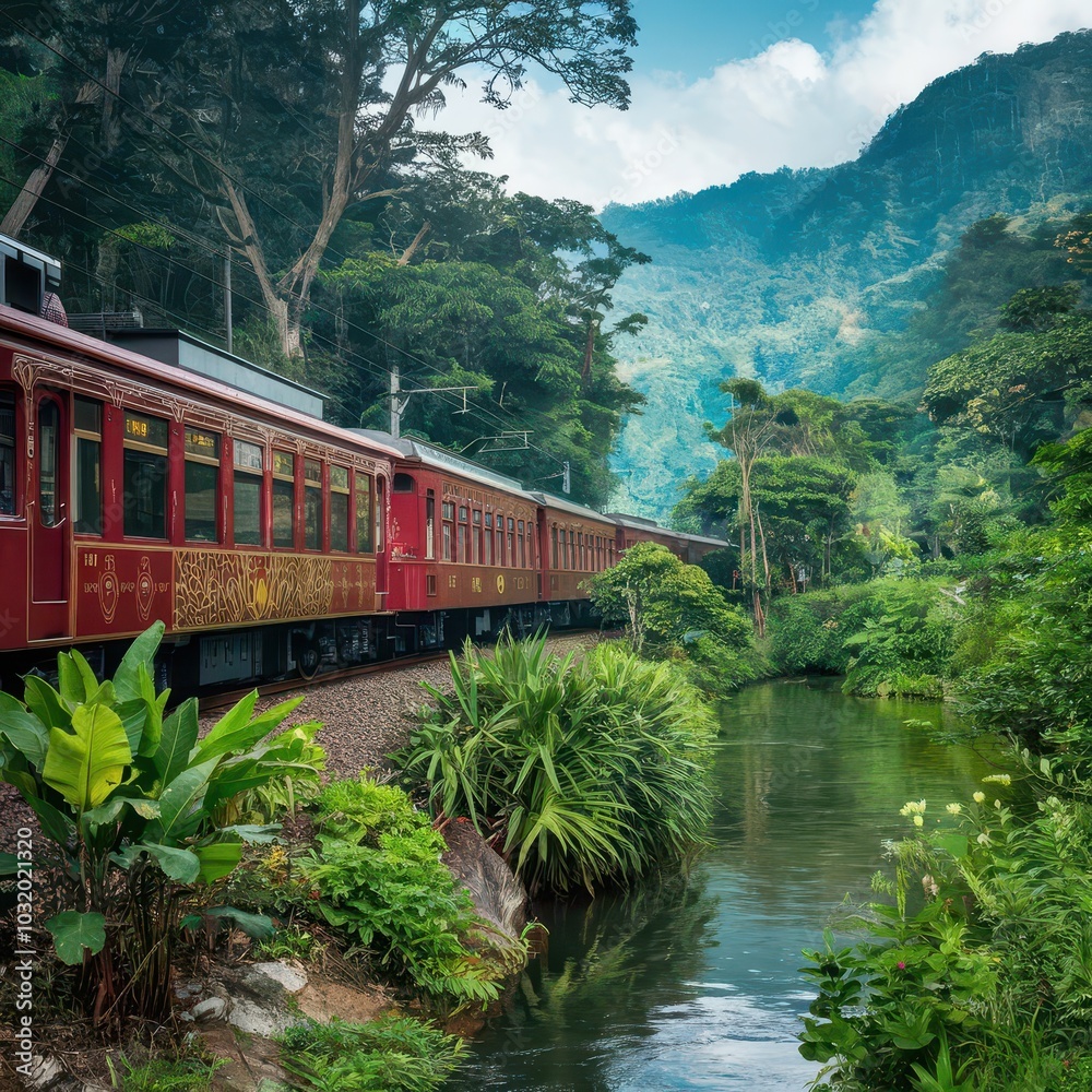 red train engine on mountain green hills in rainy weather isolated ...
