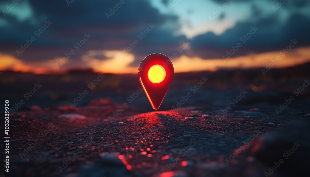 Illuminated Location Pin on Land at Night with Glowing Red Light Stock ...