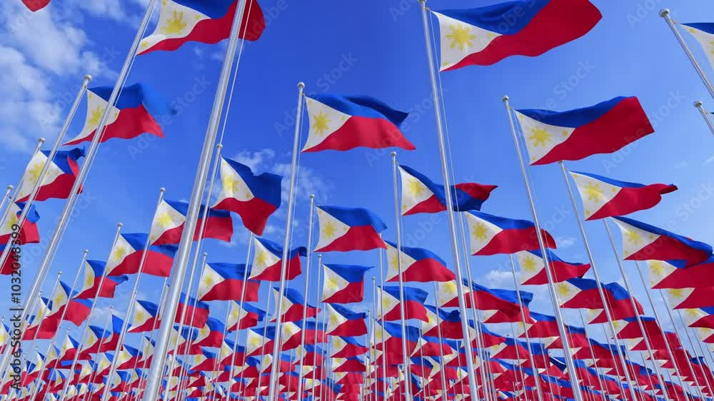 Philippine national flags waving in the wind against a blue sky ...
