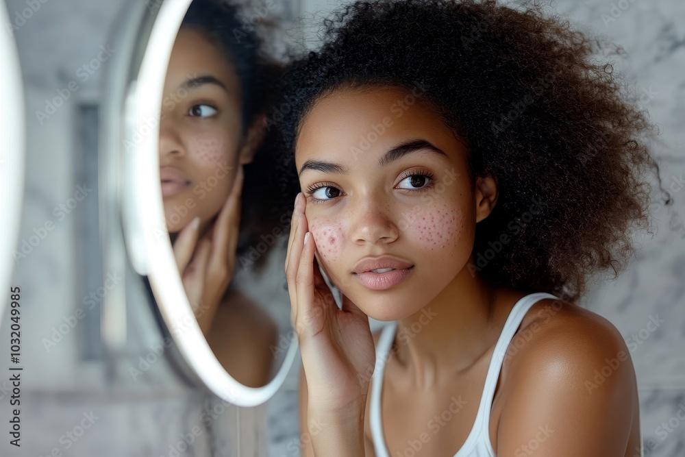 Beautiful african american girl in white tank top squeezing pimples on ...
