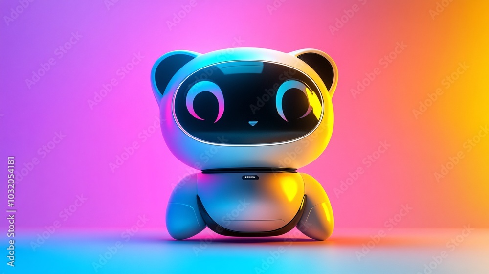 Cute robotic cat with sleek silver body and expressive digital face ...
