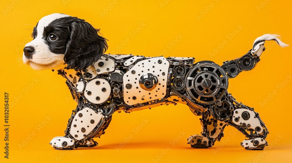 Robot puppy with mechanical limbs and wagging tail standing proudly on ...