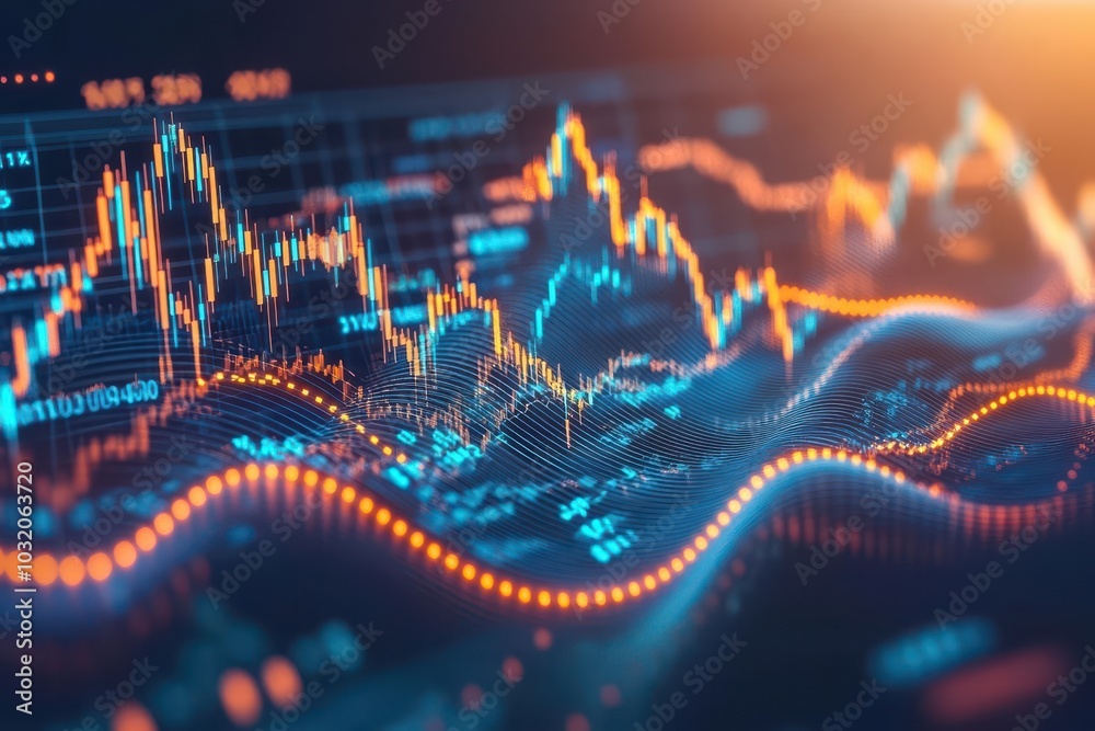 Digital waves of fluctuating stock market graphs wrapping around a 3D ...
