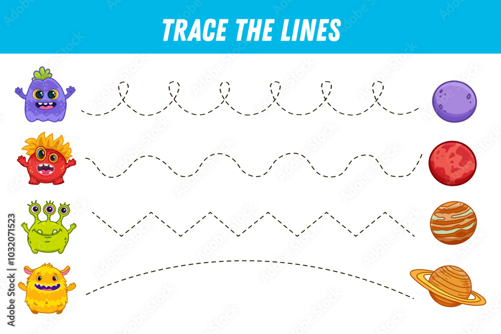 Tracing lines for kids. Cute cartoon monsters and planets. Handwriting ...