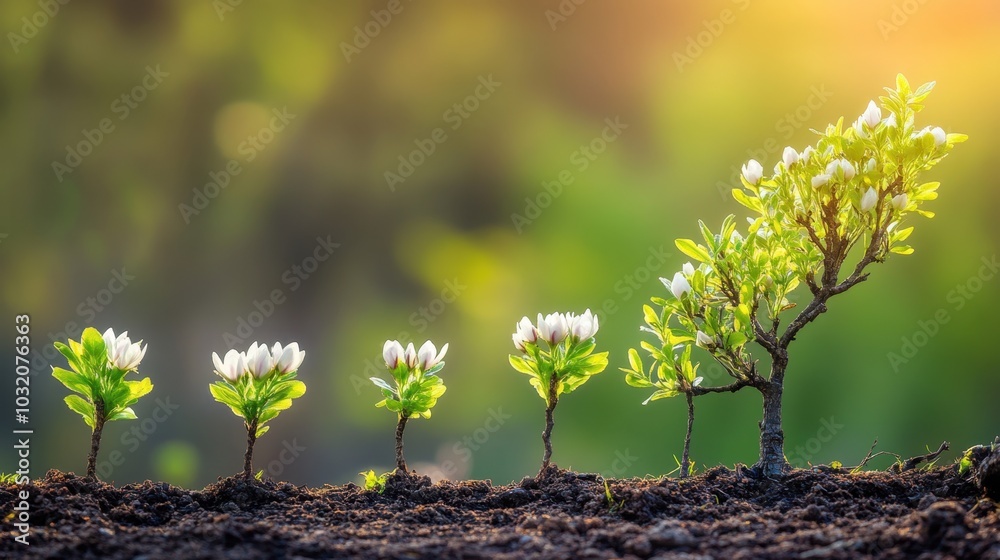 A visual timeline illustrating a tree's growth stages, from a tiny ...