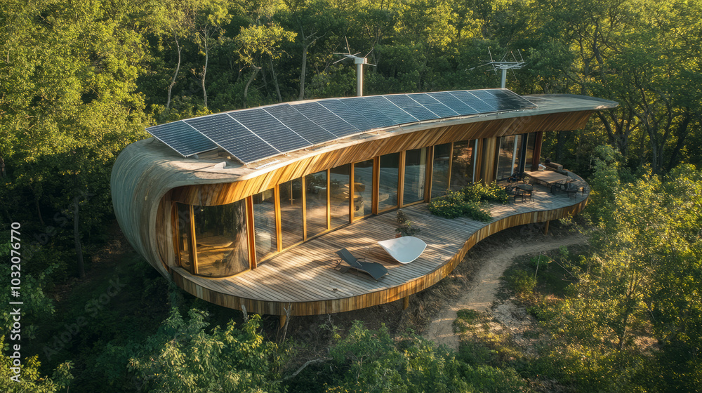 An off-grid structure seamlessly integrated into nature, powered by ...