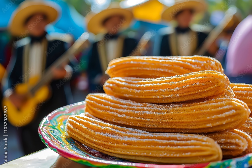 Golden Churros With Cinnamon Sugar, Served on a Colorful Plate in a ...