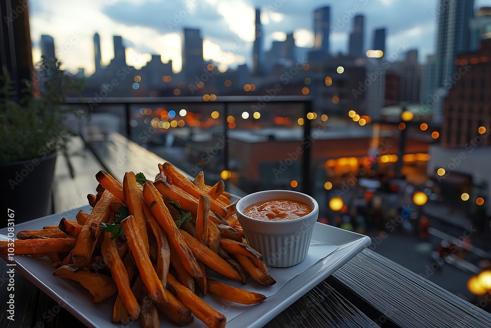 Sweet Potato Fries With Spicy Dipping Sauce, Served on a Rooftop Bar ...