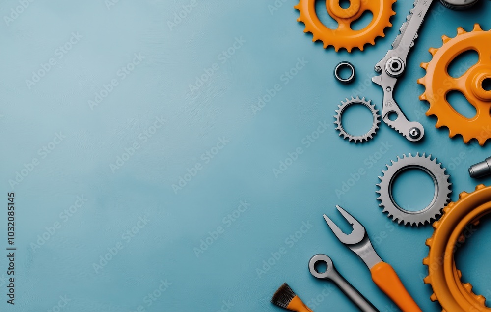 Assortment of industrial gears cogs and mechanical parts arranged on a ...