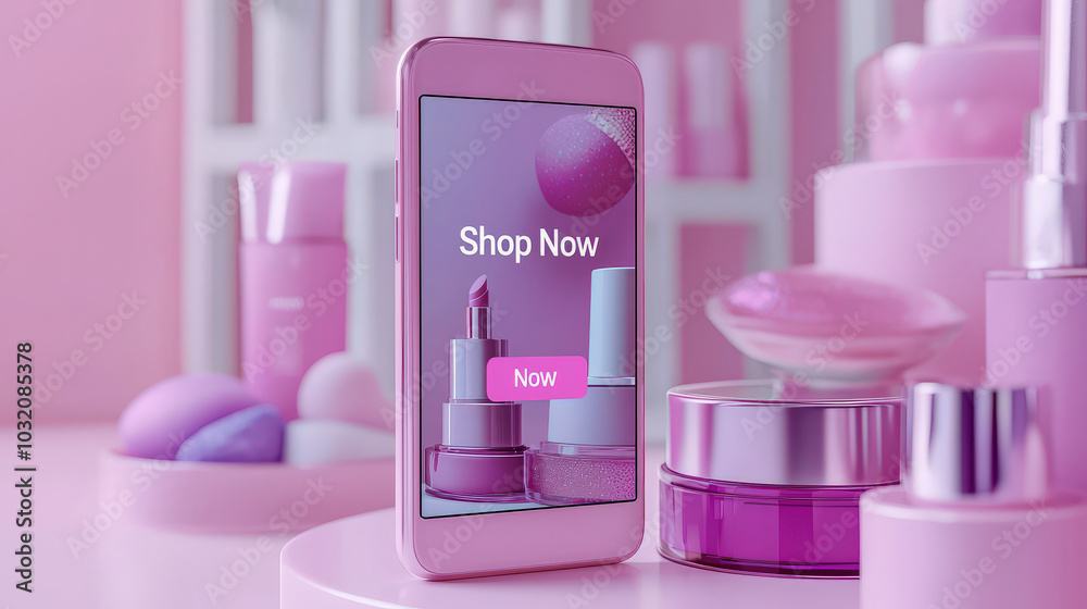 Modern mobile phone displaying beauty products in pink themed setting ...