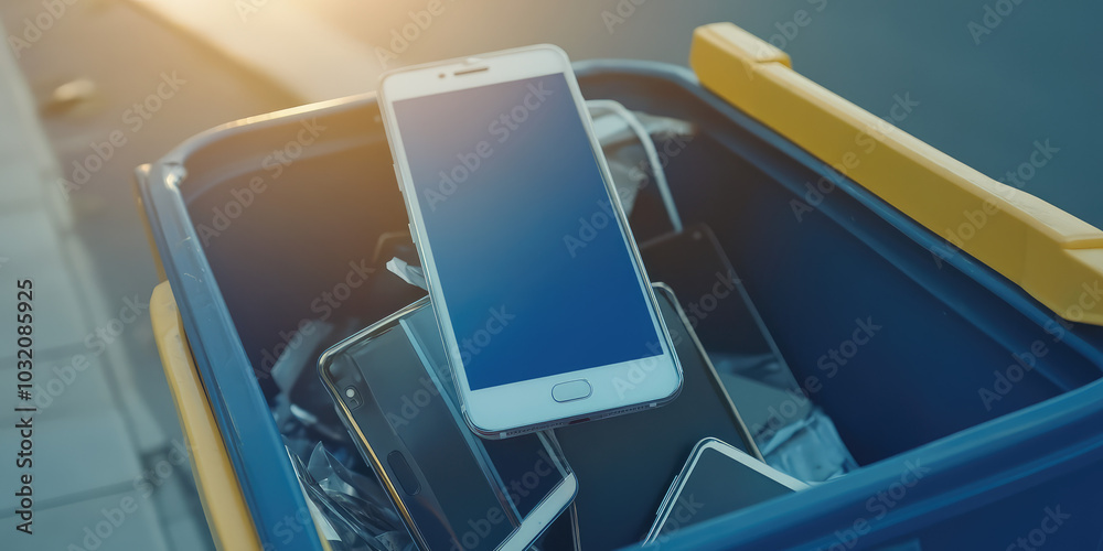 Old smartphone discarded into a recycling bin, concept of digital detox ...