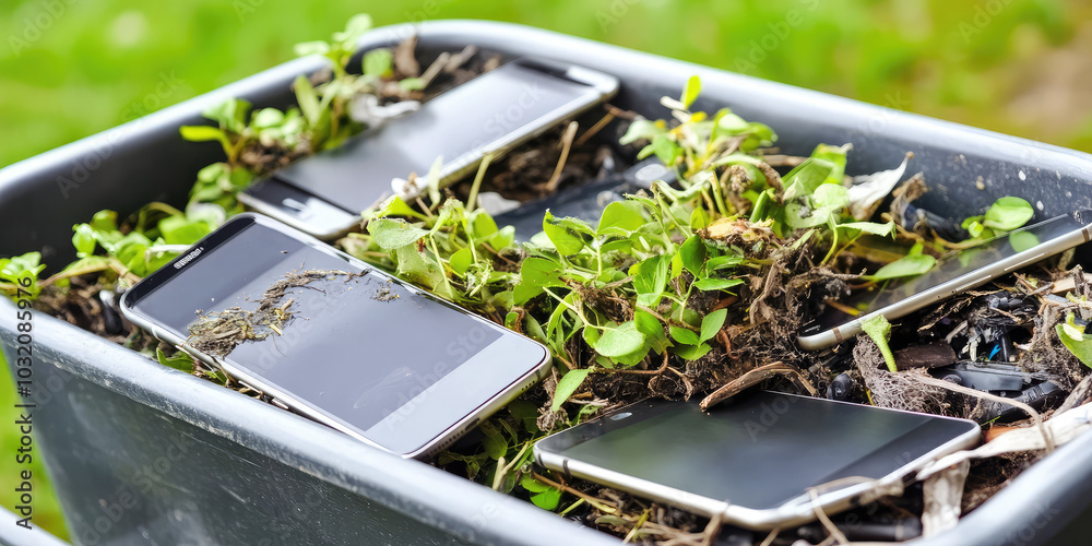 Old smartphone discarded into a recycling bin, concept of digital detox ...