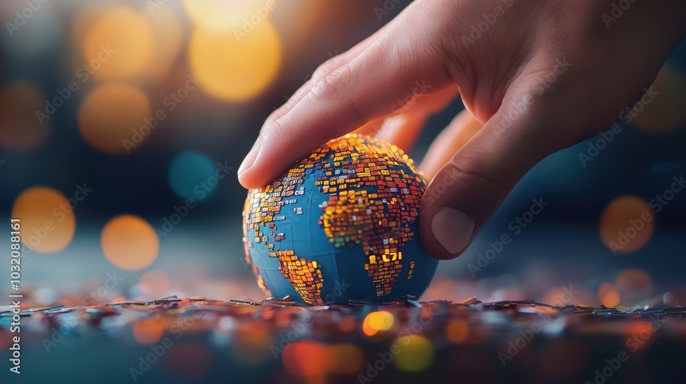 Hands gently touching a digital globe or world map interface ...