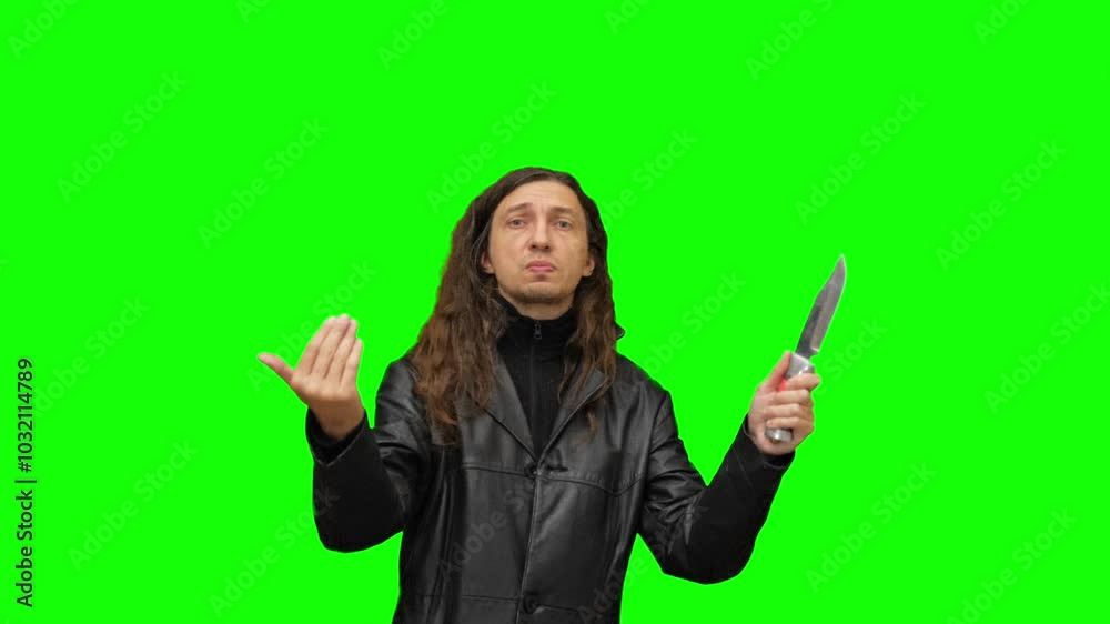 A menacing bandit with long hair, concealed in a black cloak ...