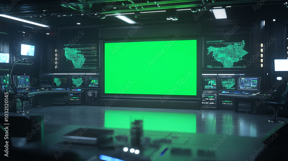 high tech control room with big huge green screen chroma key monitor ...