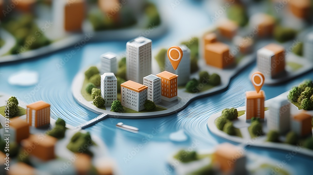 A 3D city map displaying GPS location pins, winding rivers, and ...