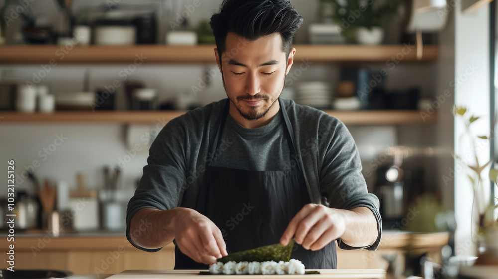 Man making sushi for the first time, rolling nori and rice with care ...
