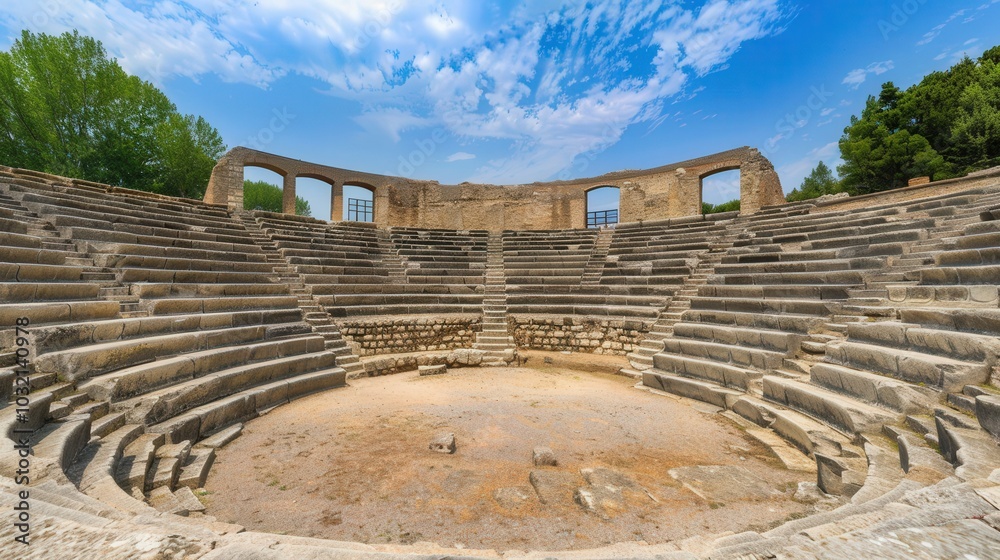 Ancient Amphitheater Gathering, an open circular space with tiered ...
