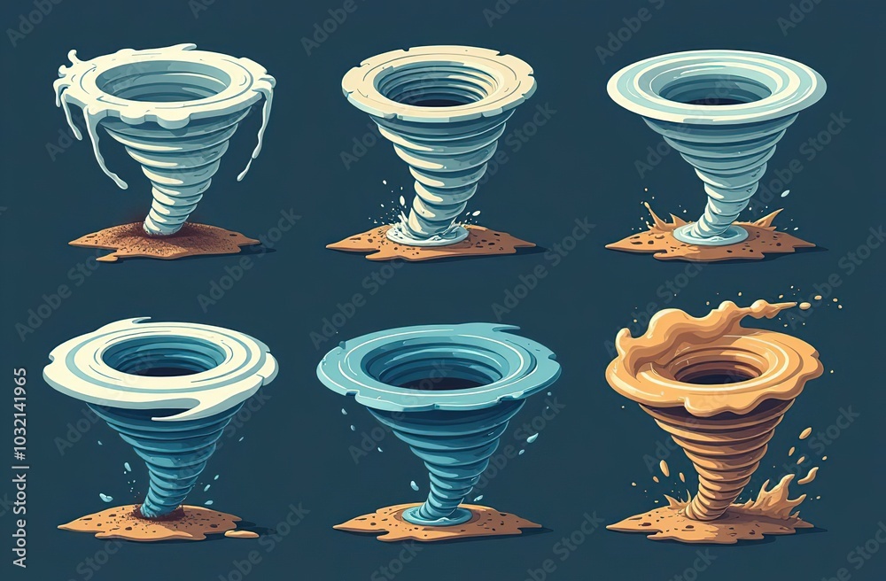 A collection of tornado cartoons illustrating various whirlwinds and ...