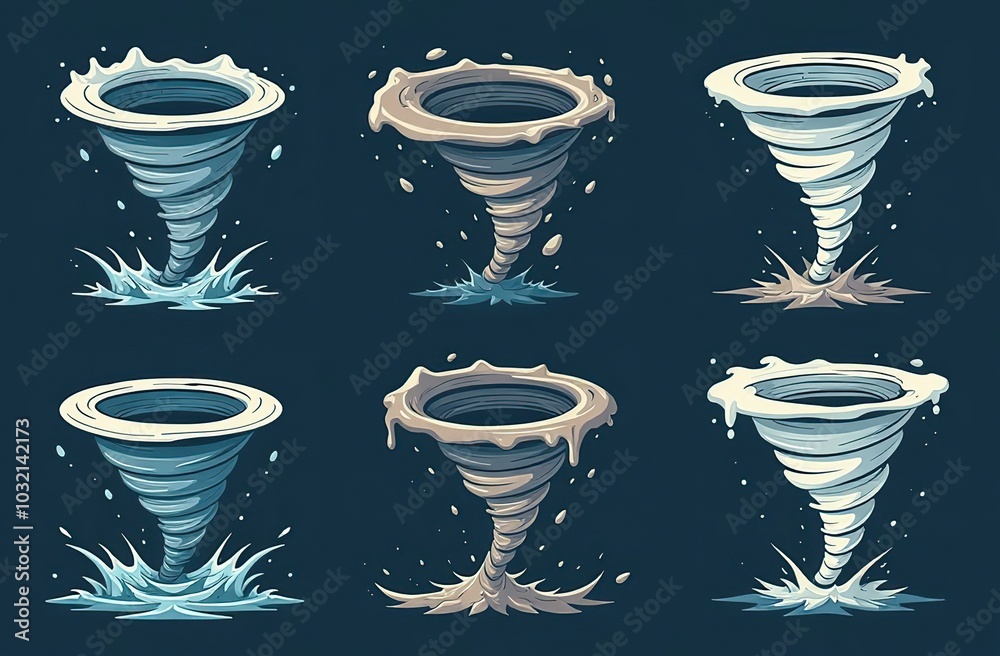 A collection of tornado cartoons illustrating various whirlwinds and ...