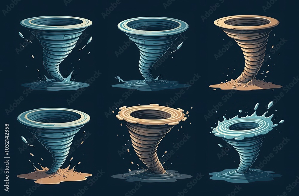 A collection of tornado cartoons illustrating various whirlwinds and ...