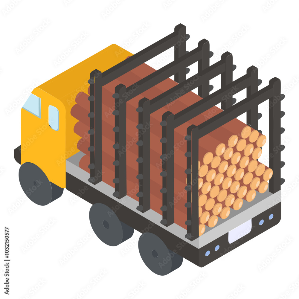 Rear view of loaded logging trailer isometric concept, Heavy truck ...