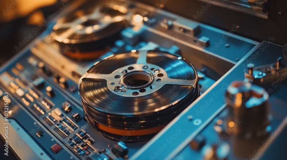 A close-up of an open reel-to-reel tape machine with tape running ...
