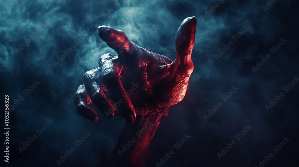 Spooky zombie hand pointing with index finger with smoke and black ...