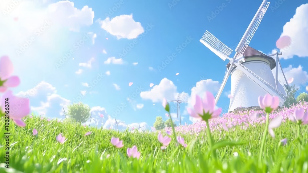 Pastoral kinetic panorama: view of windmills in the countryside with ...