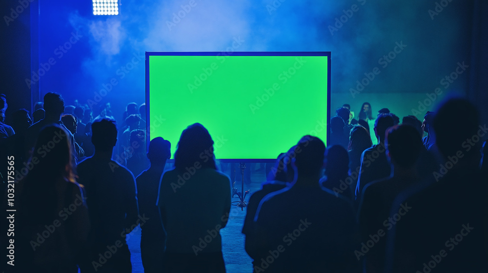 3d realistic render of crowd looking to big huge green screen monitor ...