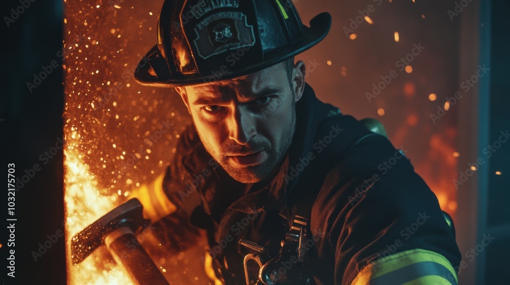 A white male firefighter with salt-and-pepper hair, using a fire axe to ...