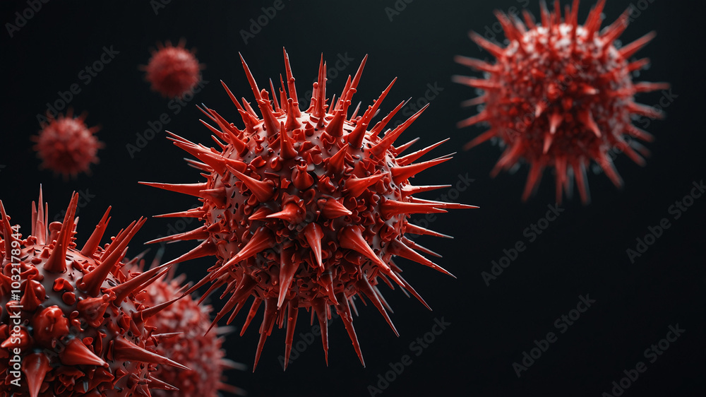 A highly detailed illustration of fungal viruses, featuring spore-like ...