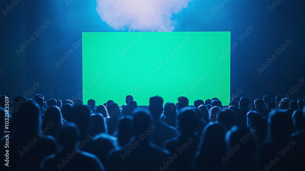 3d realistic render of crowd looking to big huge green screen monitor ...