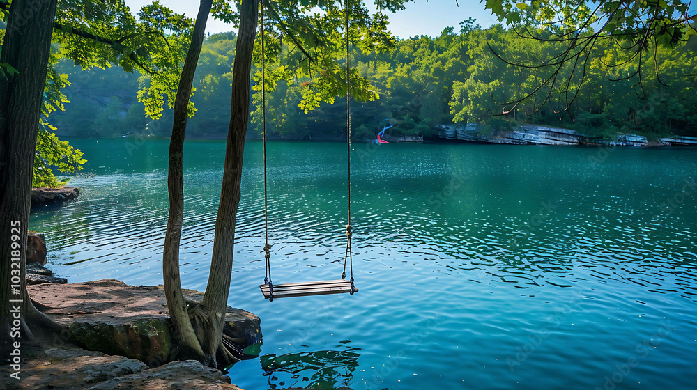 The image shows a wooden swing hanging from a tree branch over a lake ...