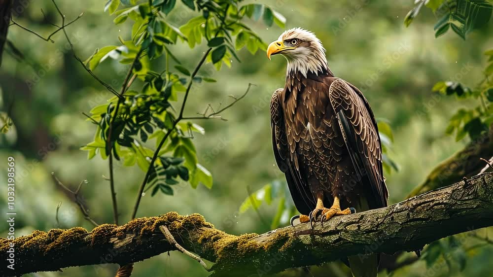 Bald eagle perched on mossy branch, forest scene. Wildlife and nature ...