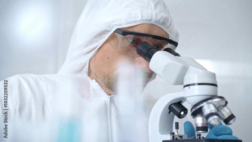Scientist in ppe analyzing samples with microscope. Close-up of a focused researcher in a lab ...