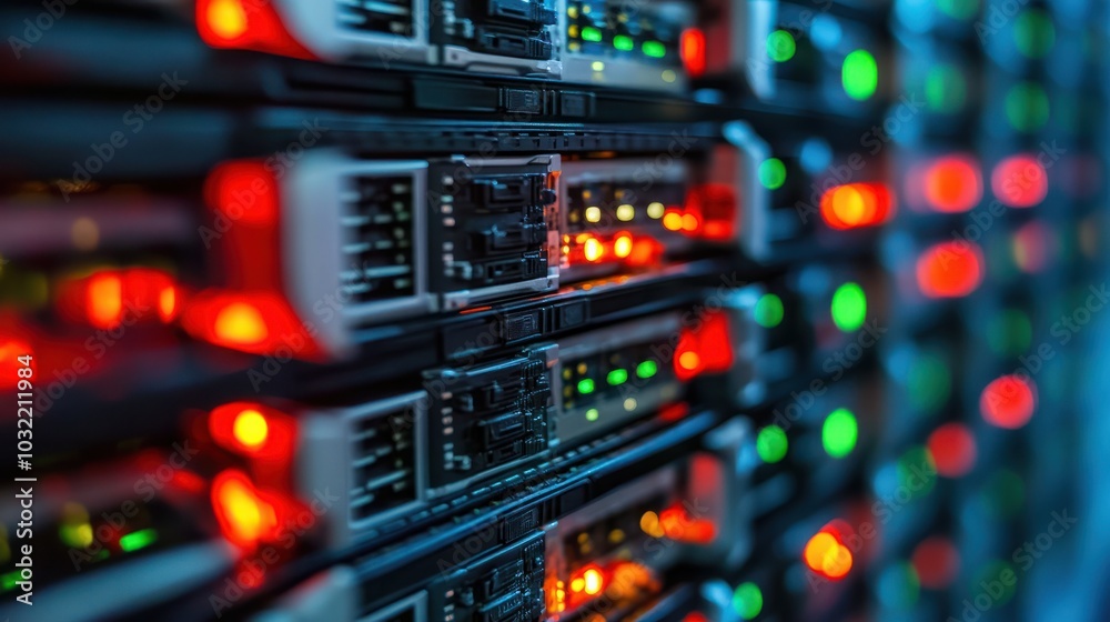 A close-up of data storage servers in a data center, showcasing solid ...