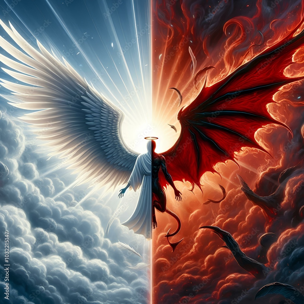 Concept art of good versus evil Radiant white angel wing juxtaposed ...