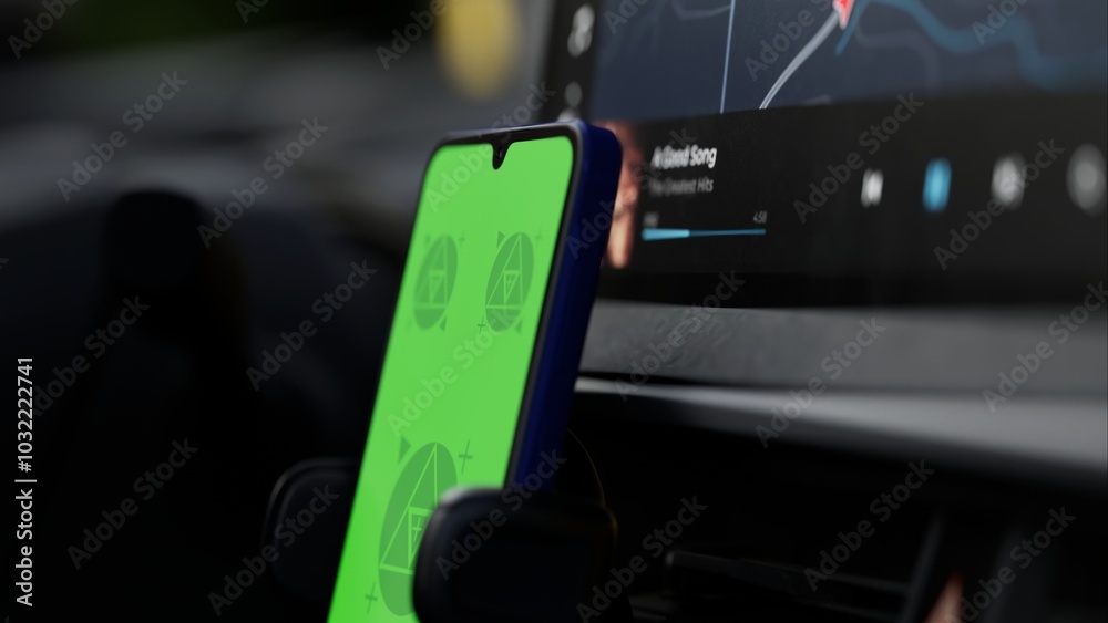 GREEN SCREEN CHROMA KEY A phone mounted on a car dashboard with a green ...